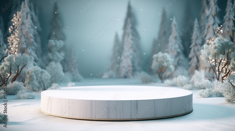 Winter fantasy background with round product podium display. Circular ...