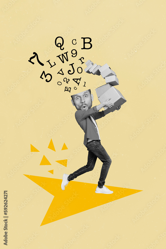 Vertical collage image of mini black white effect guy hold stack carton ...