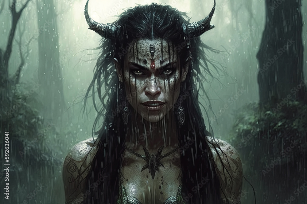 terrible witch woman devil with horns in forest. Generative AI ...