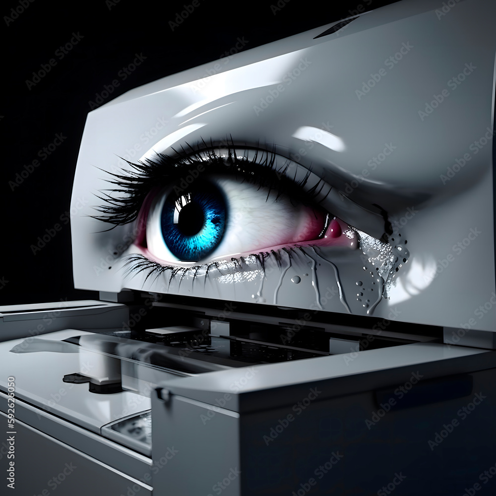 Compact future laser printer and eye isolated on black background ...