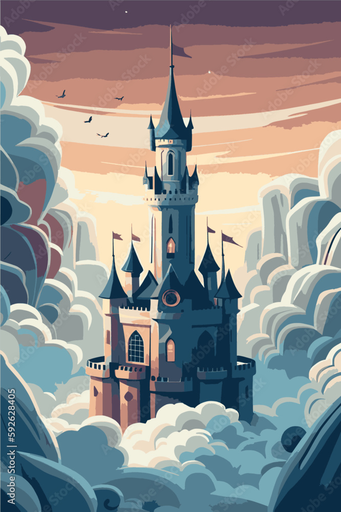 Fantasy castle in the clouds. Fairytale castle. Cute cartoon castle ...