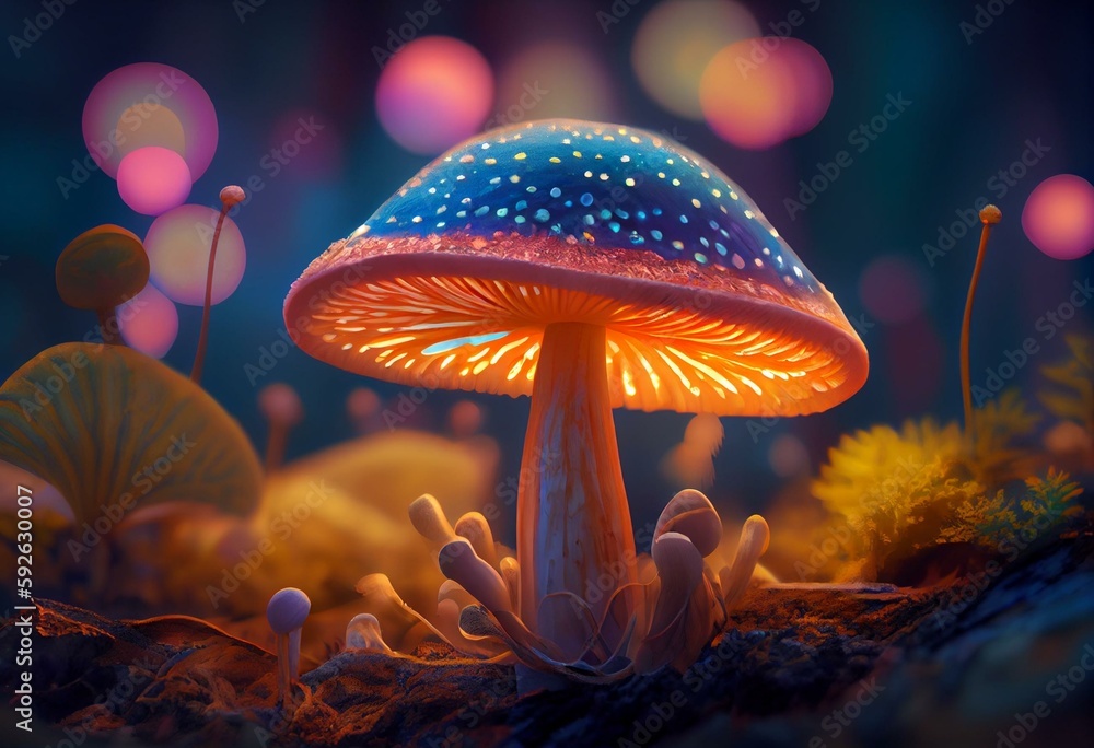 Magic mushroom glowing bright on mythical fantasy forest ground soil ...