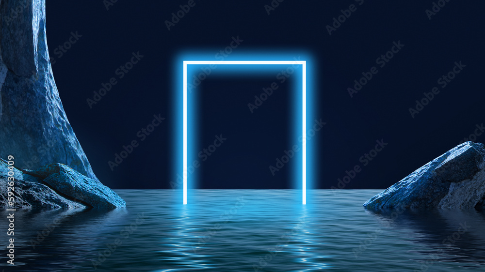 Geometric neon element appearing from water around rocks over dark ...