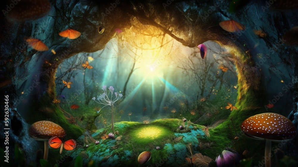 Beautiful and mysterious enchanted forest with mushrooms, fireflies ...