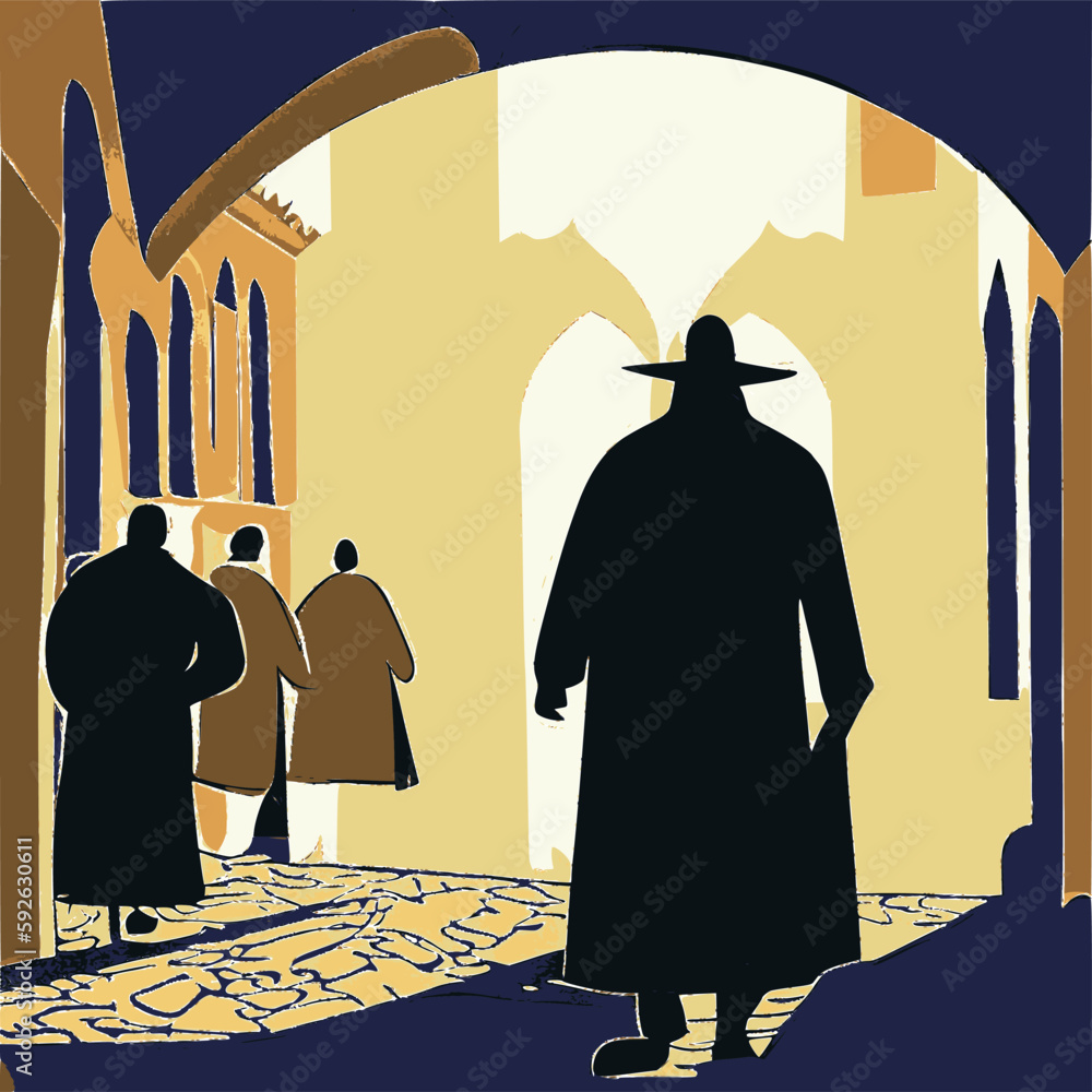 Tel Aviv street with a silhouette of an orthodox jew in traditional ...