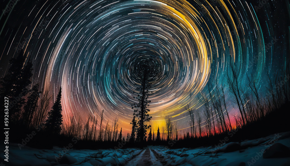 Stunning star trails motion time-lapse night sky with forest silhouette ...