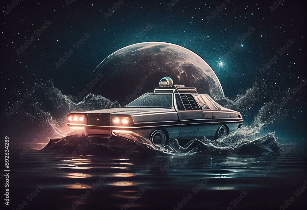car from 1980s driving on floating interstellar trans. Generative AI ...