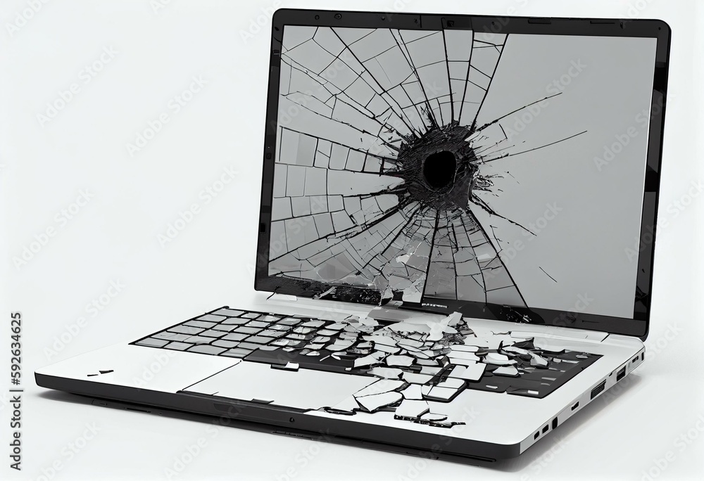 Computer or laptop with broken screen isolated on white background for ...