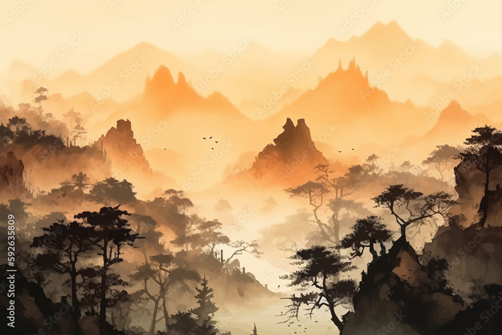Stylized black ink wash painting of mountains. in traditional oriental ...
