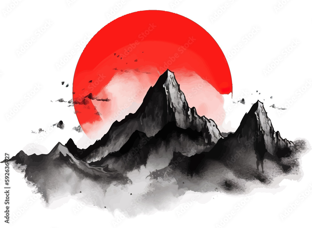 Stylized black ink wash painting of mountains. in traditional oriental ...