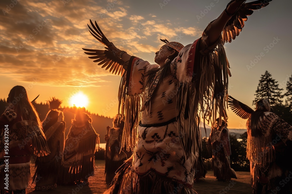 Native American Dancers performing a ceremonial eagle dance, arms ...