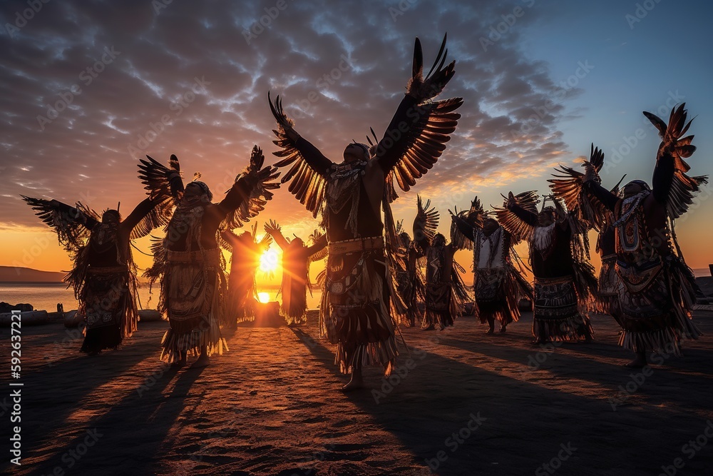Native American Dancers performing a ceremonial eagle dance, arms outstretched and heads tilted ...