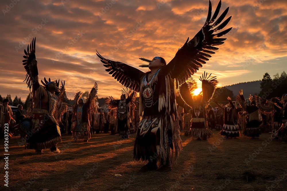 Native American Dancers performing a ceremonial eagle dance, arms ...