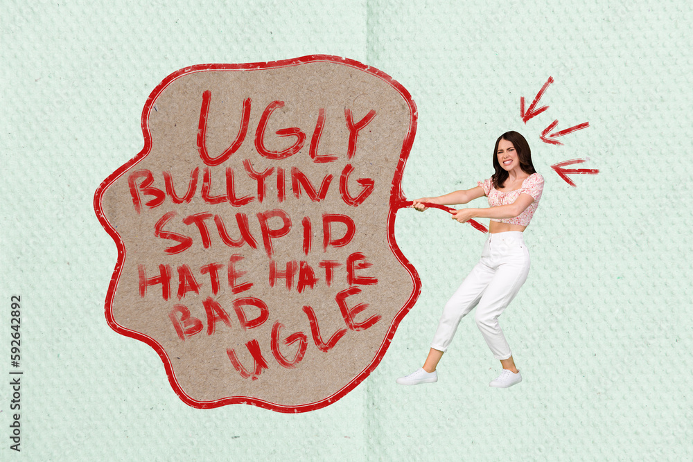 Photo collage young lady suffer hate pull big mind cloud humiliation ...