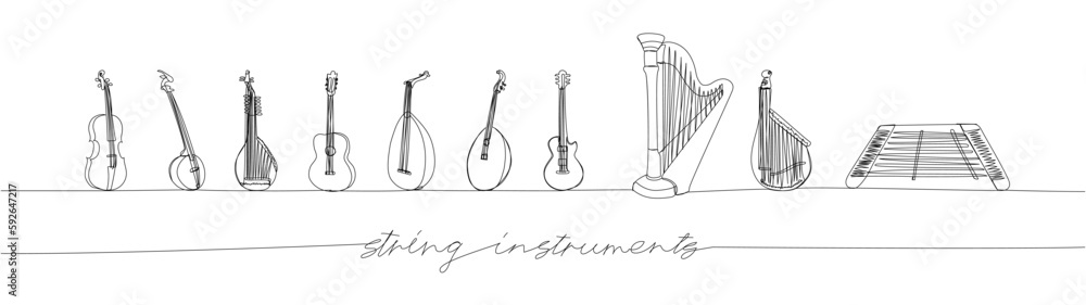 String musical instruments set one line art. Continuous line drawing of ...