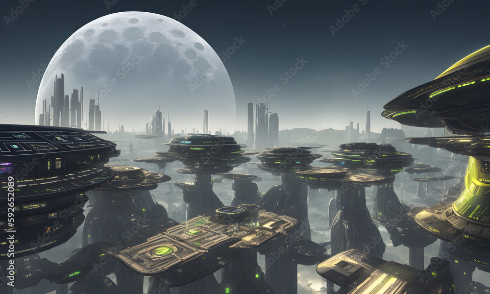 A high tech solarpunk utopia city / metropolis at an alien planet in ...