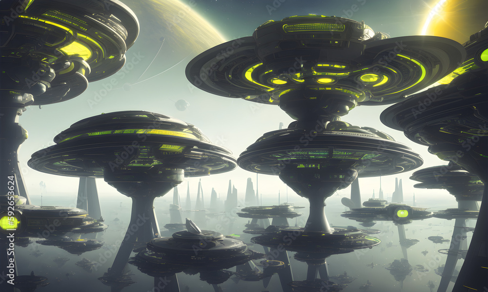 A high tech solarpunk utopia city in space with alien planets in the ...