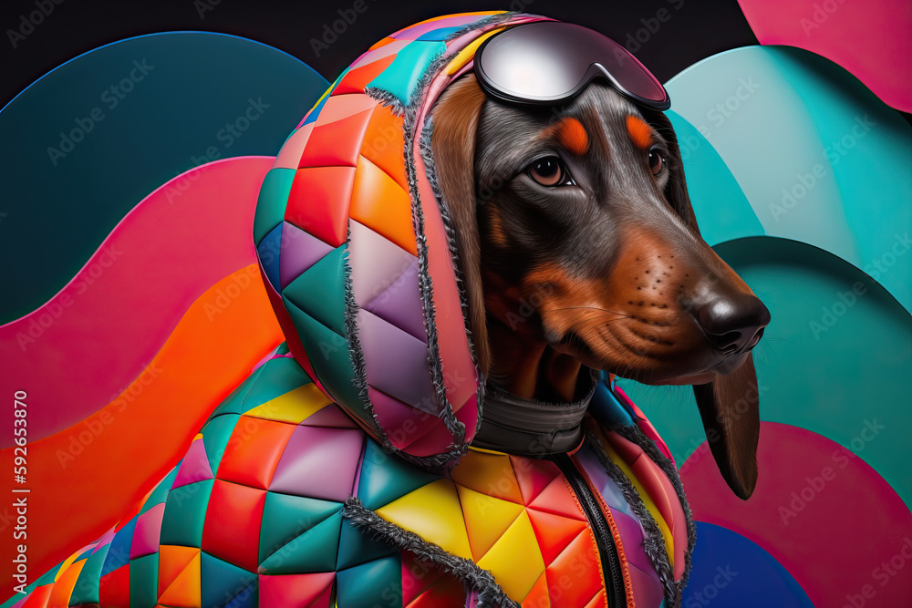 Generative AI illustration side view of black dog with colorful pilot ...