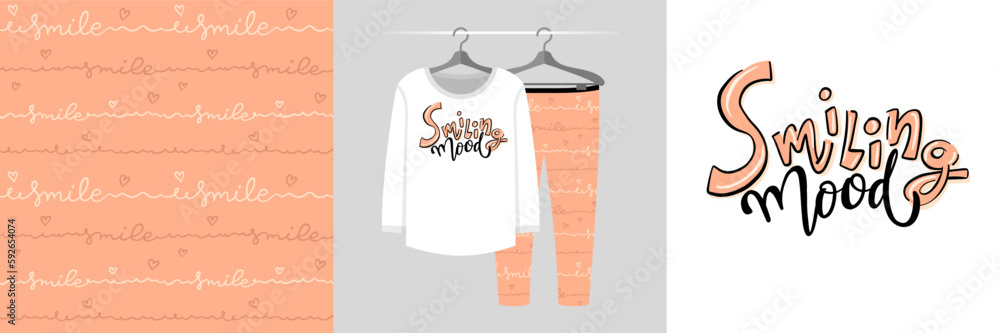 Seamless pattern and illustration set with lines and lettering Smiling ...