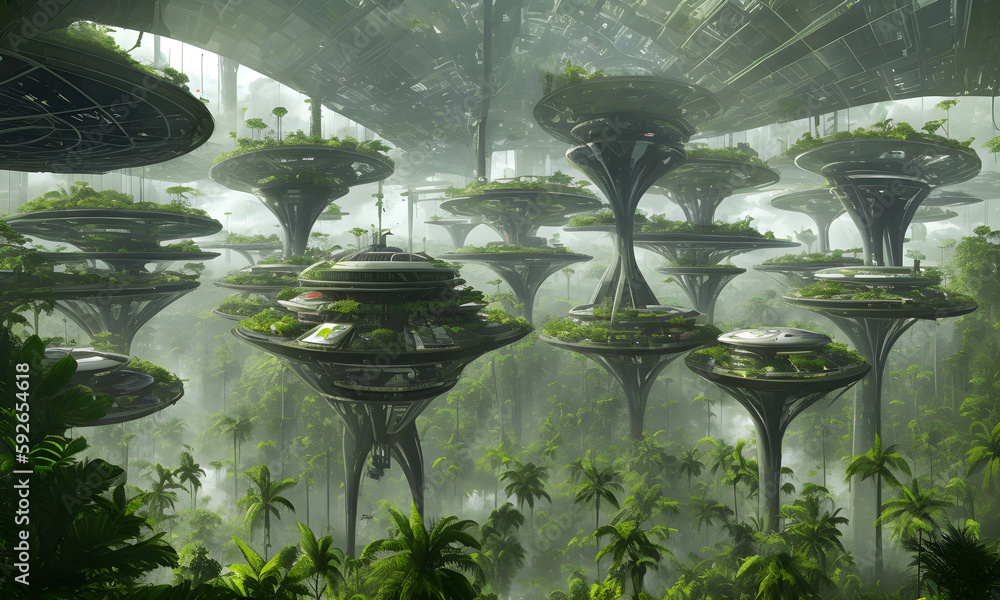 ภาพประกอบสต็อก A high tech solarpunk utopia city / metropolis in the ...