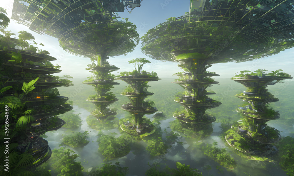 A high tech solarpunk utopia city / metropolis in the amazon in the ...