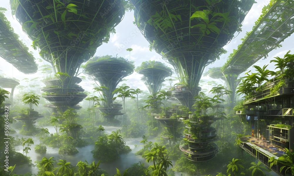 A high tech solarpunk utopia city / metropolis in the amazon in the ...