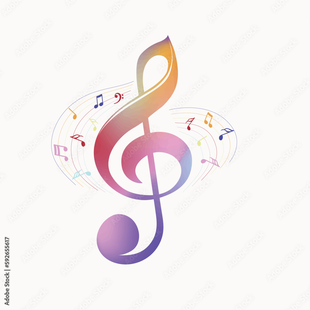 Vector music notes. Bright violin key on white background. Flat vector ...