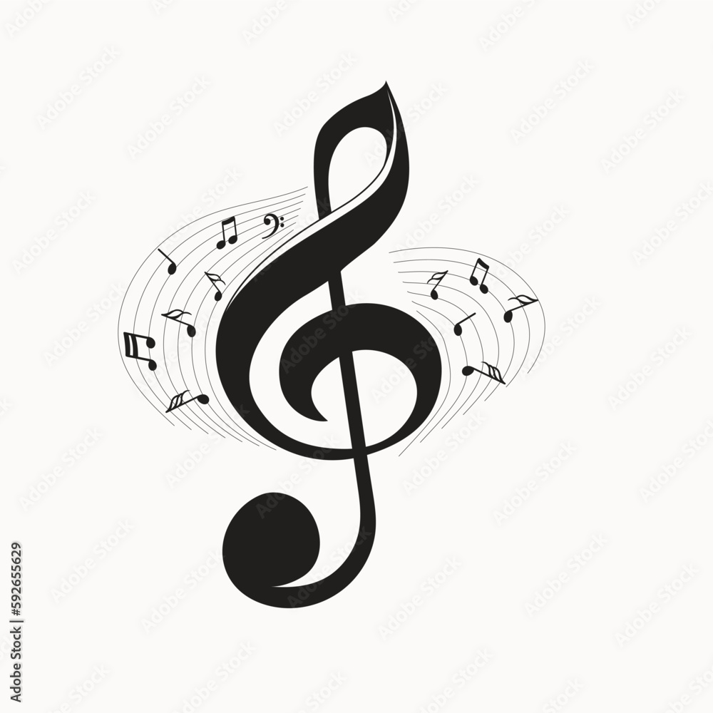 Vector music notes. Black stern treble clef on white background. Flat ...