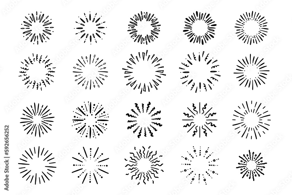 Starburst hand drawn elements. Circle sunburst doodle drawing, framed ...