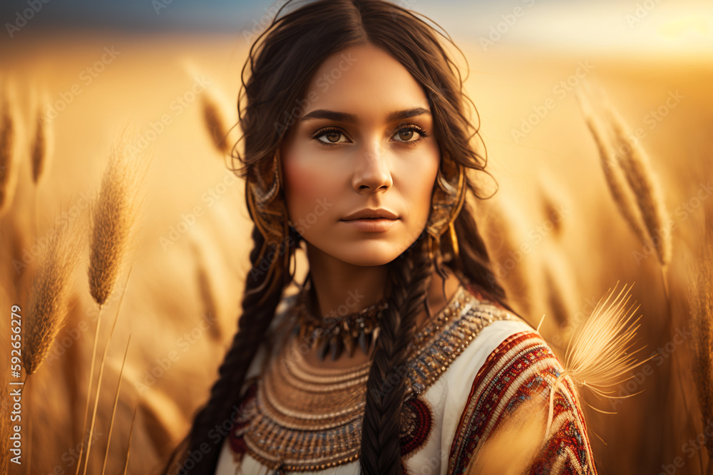 Beautiful Native American woman posing in wheat field Stock ...