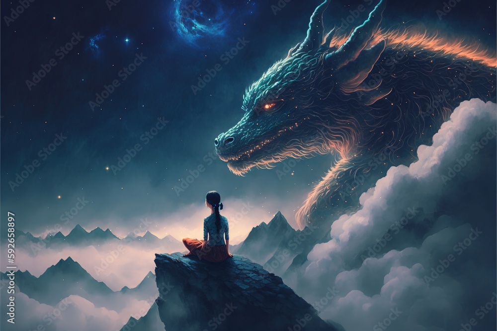 Chinese girl sitting on top of mountain above the cloud with her dragon ...