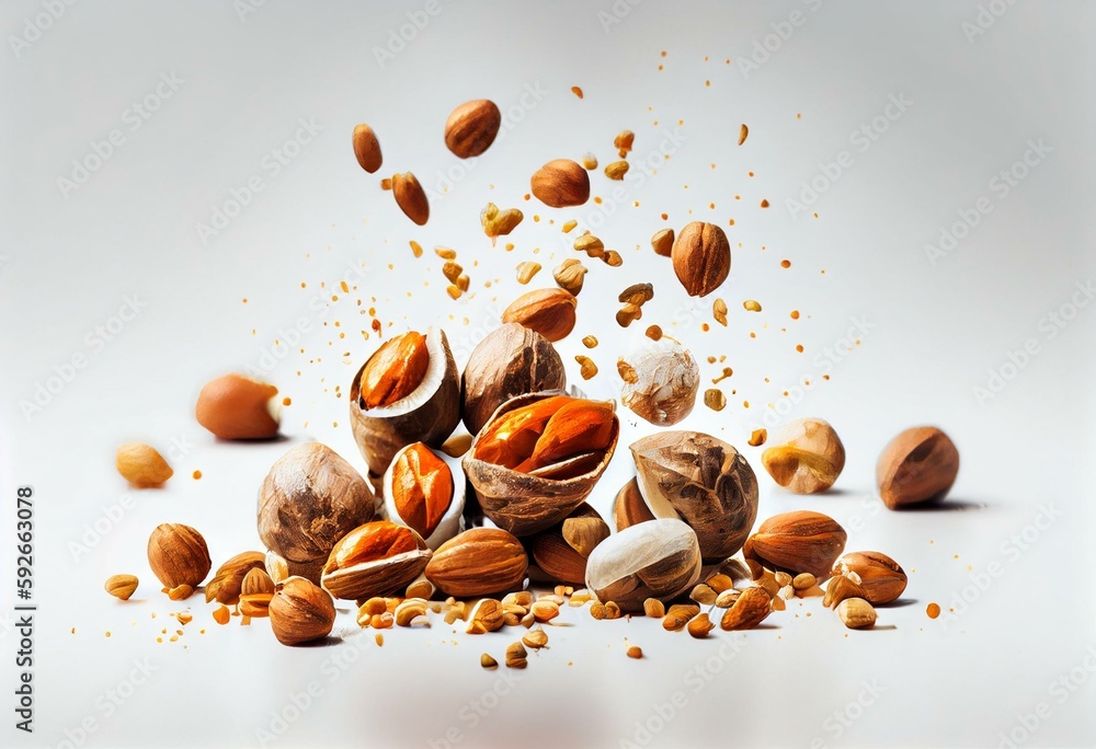 a pile of nuts with seeds scattered around them on a white surface with ...