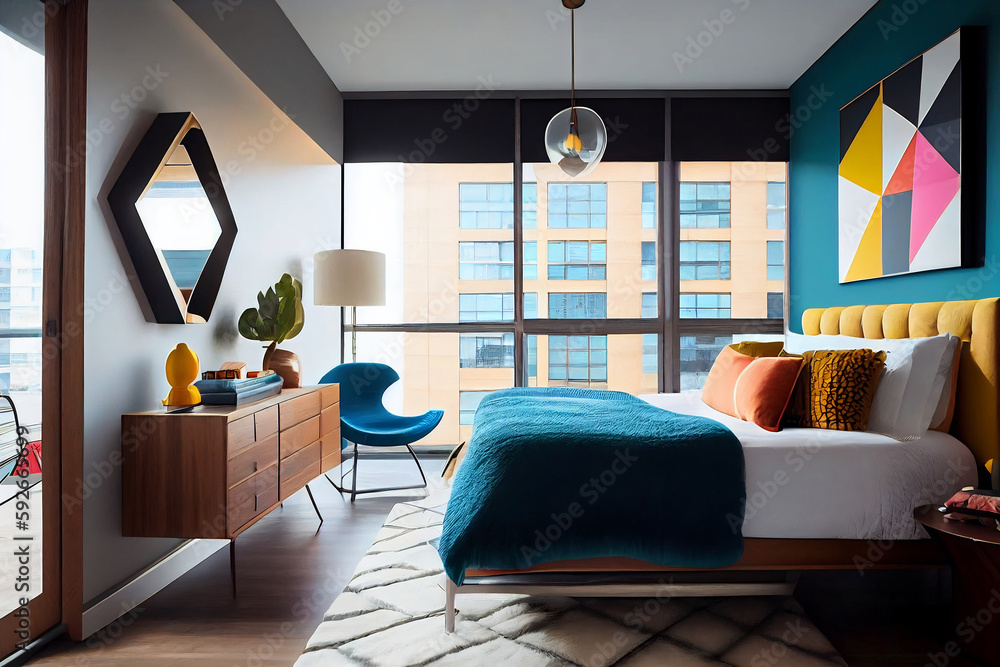 Bedroom with bed and big windows. Geometric patterns create stunning ...