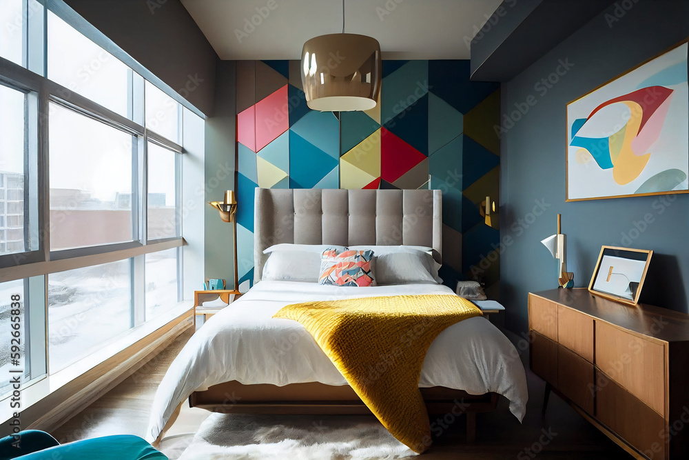 Bedroom with bed and big windows. Geometric patterns create stunning ...