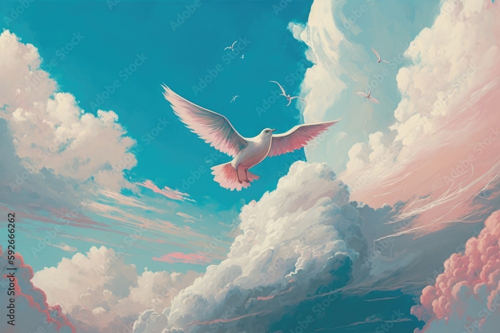 Flying bird in the sky with clouds Stock Illustration | Adobe Stock