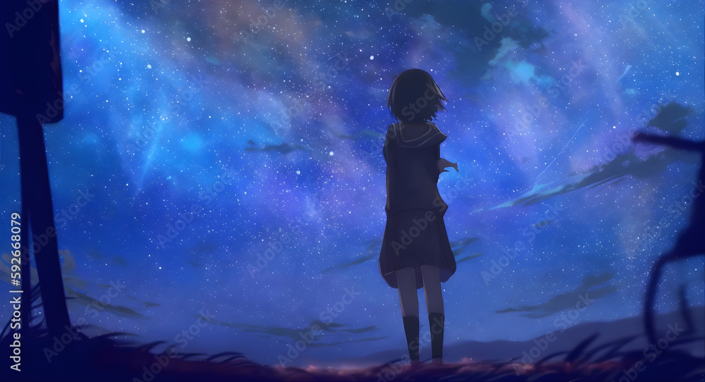 cute girl standing on the mountain in the night, silhouette of a girl ...