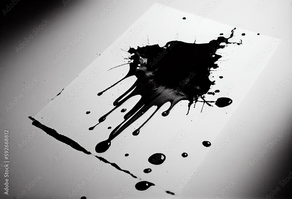 Black blot on a white background. Spots of ink on a piece of paper ...