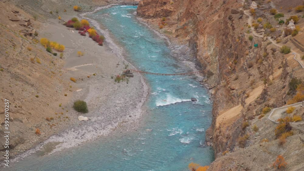 4K Closeup shot of the blue water of the Tsarap Chu river flowing in ...