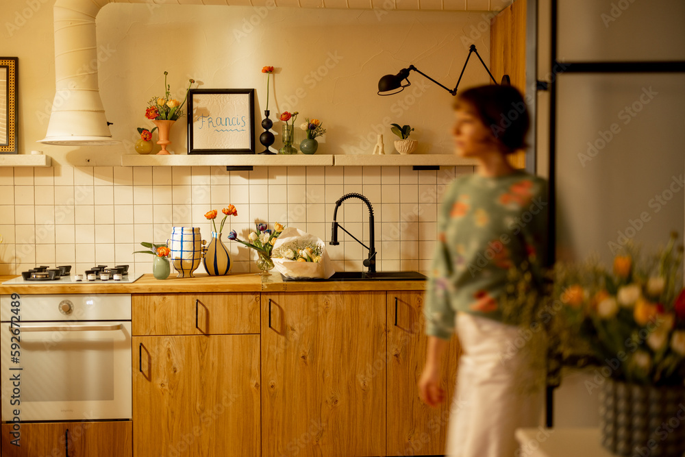 Modern kitchen interior made in natural materials with wooden facades ...