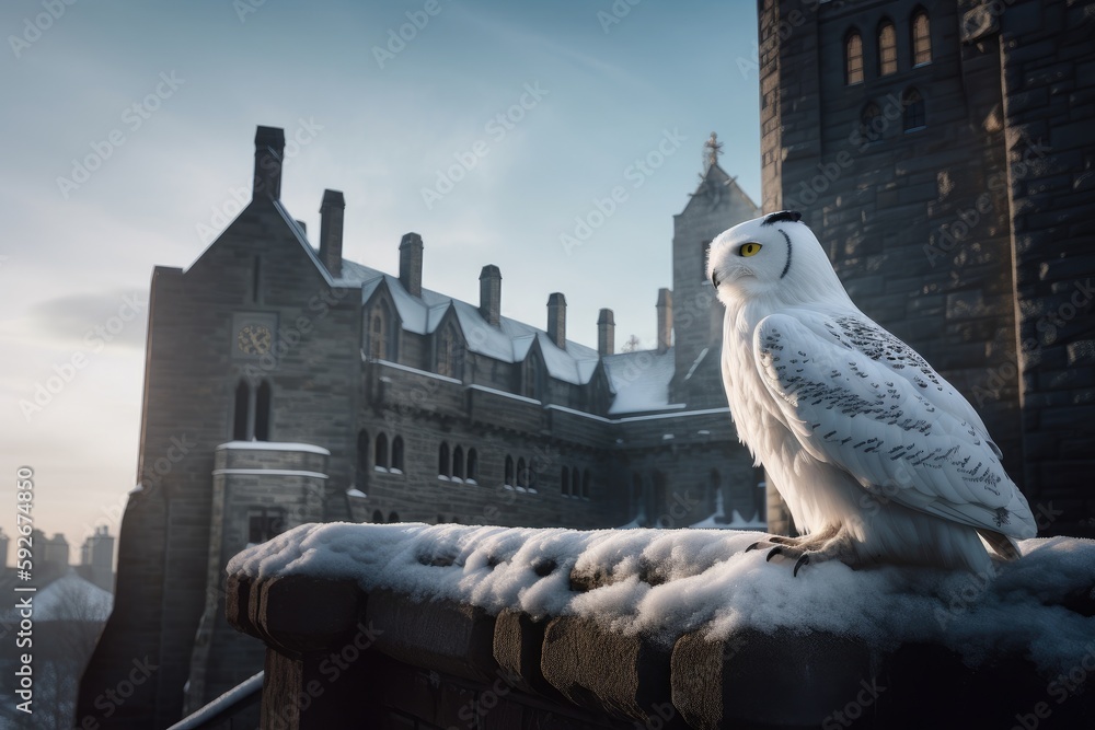 Snowy Owl sitting in front of castle. Stock Illustration | Adobe Stock