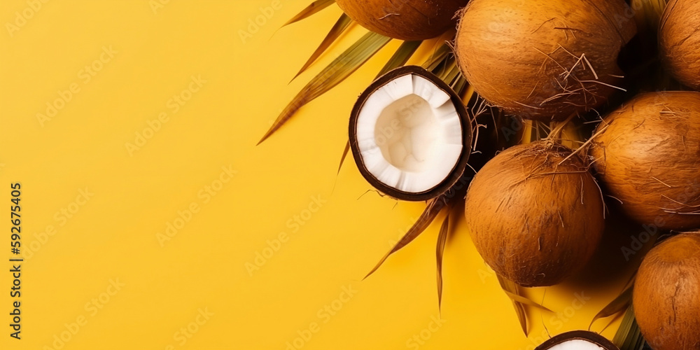Coconuts on yellow background, copy space generated by AI. Stock ...