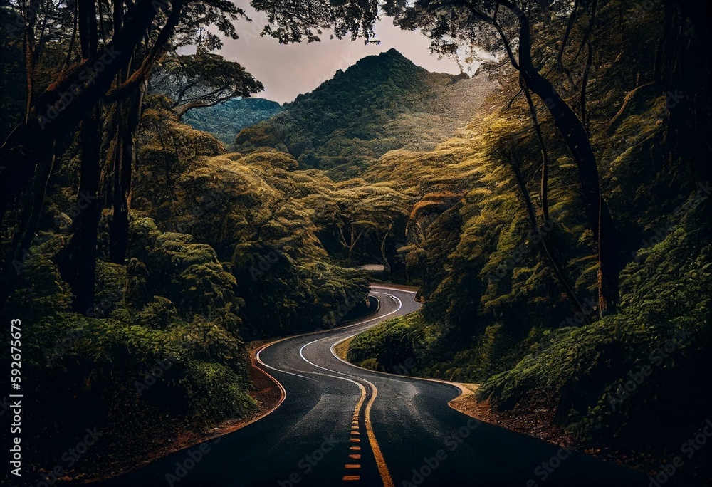 Road in the middle of the forest , road curve construction up to ...