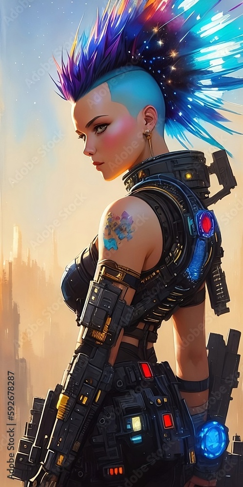 Watercolor painting of a cyberpunk mohawk girl. Stock Illustration ...