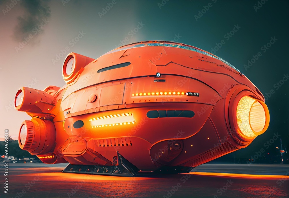 Aliens futuristic orange spaceship side view, ufo with lights. Invasion ...
