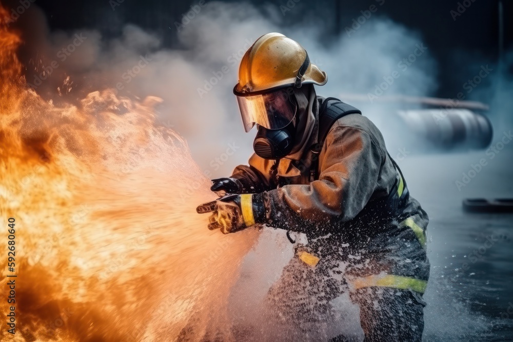 Firefighter Rescue training in fire fighting extinguisher. Firefighter ...