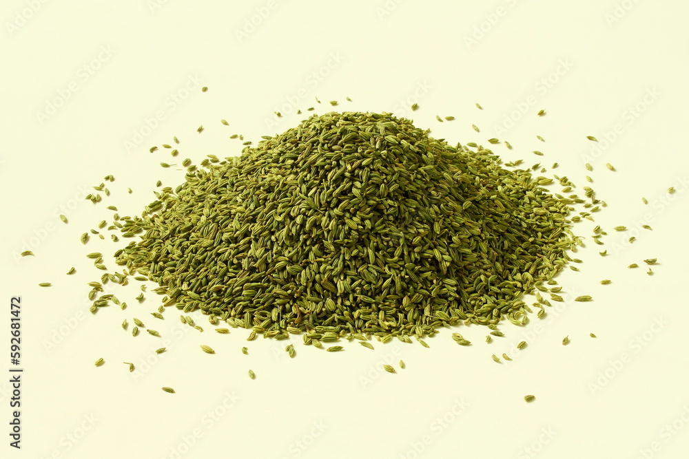 heap of dried green fennel seeds or Saunf herb also known as variyali ...