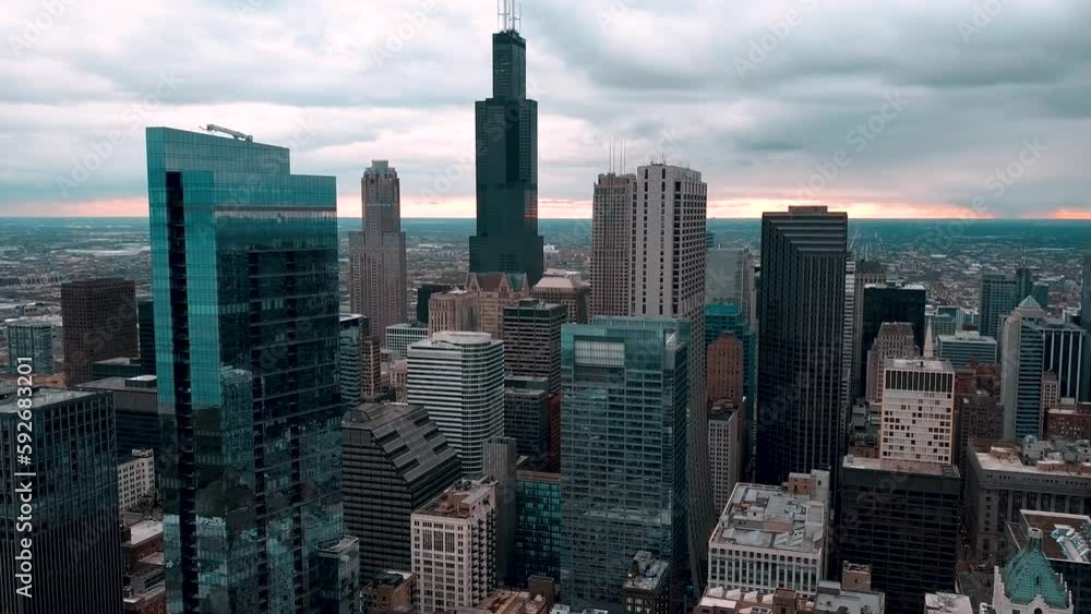 CHICAGO, USA - APRIL, 2023: Aerial drone footage of Chicago Downtown ...