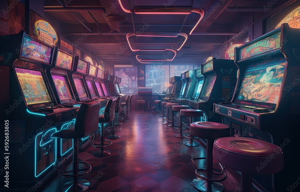 Old Vintage Arcade Video Games in an empty dark gaming room with blue ...