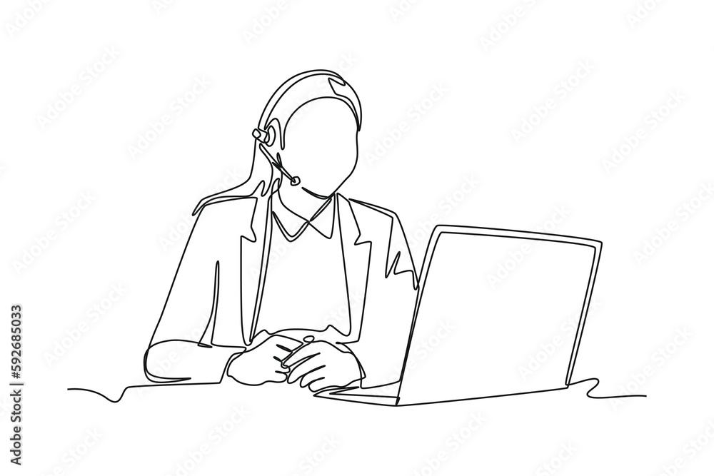 Continuous one line drawing female employee provide the best service to ...