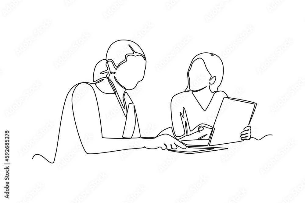 Continuous one line drawing two employee discussing the project ...